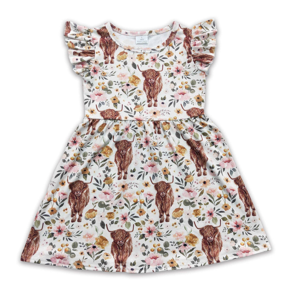 Flutter Sleeves Highland Cow Floral Girl's Western Dress – Booskies ...