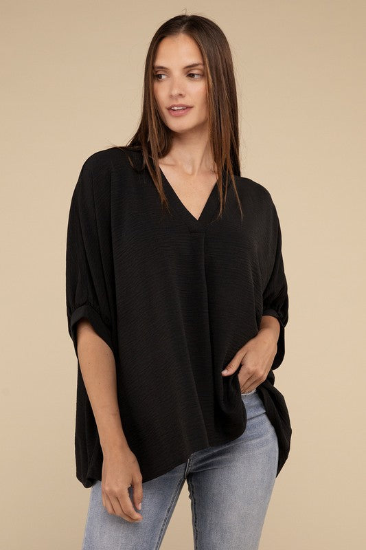 Woven Airflow V-Neck Puff Half Sleeve Top – Booskies Boutique